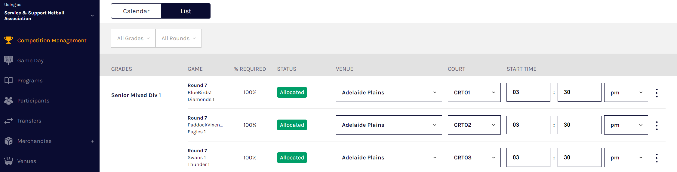 Allocating a game using the List View – support.netball.com.au