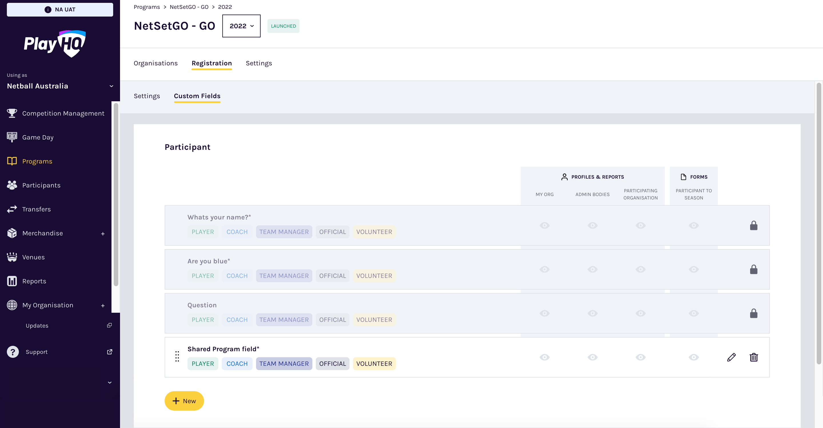 Configure Program Custom Fields – support.netball.com.au