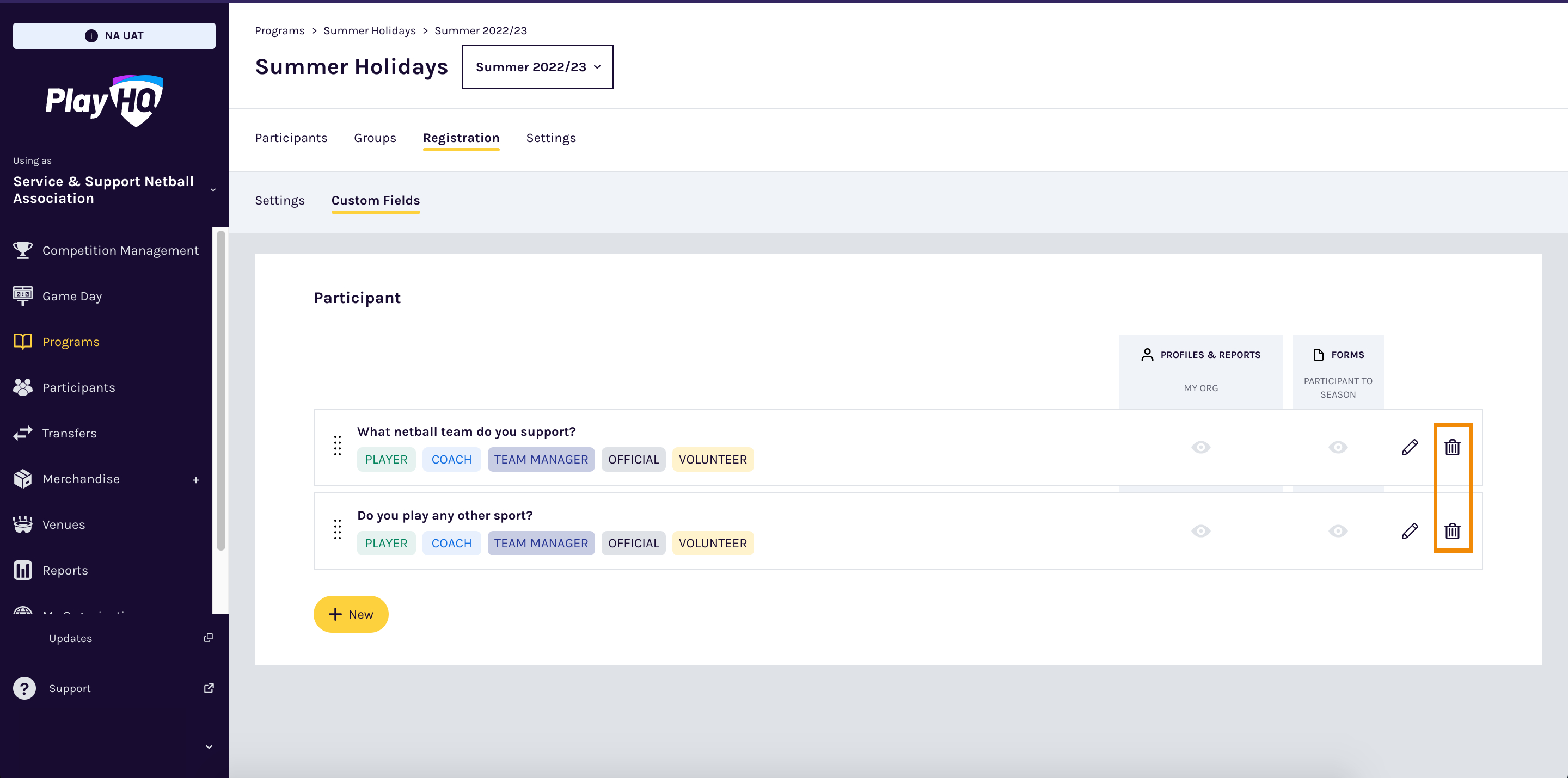 Configure Program Custom Fields – support.netball.com.au