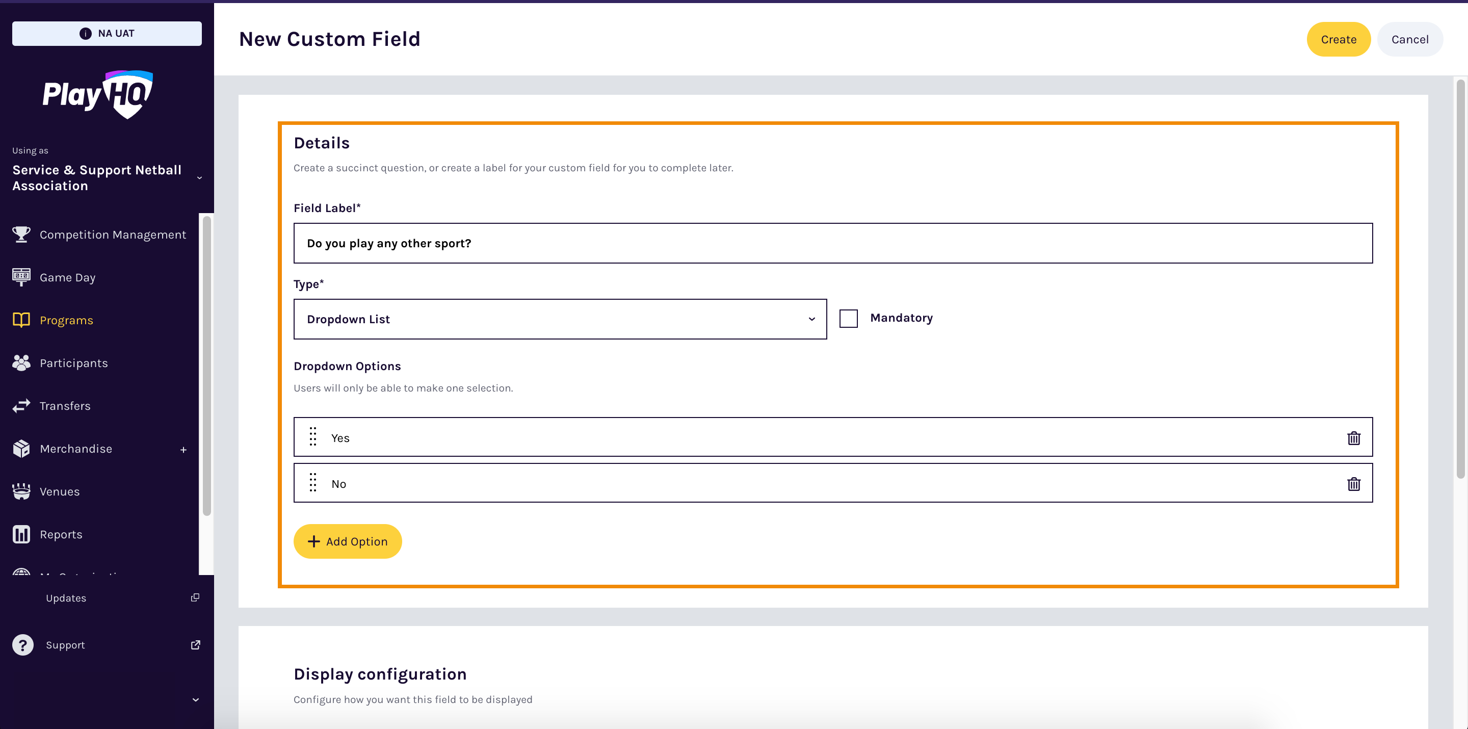 Configure Program Custom Fields – support.netball.com.au