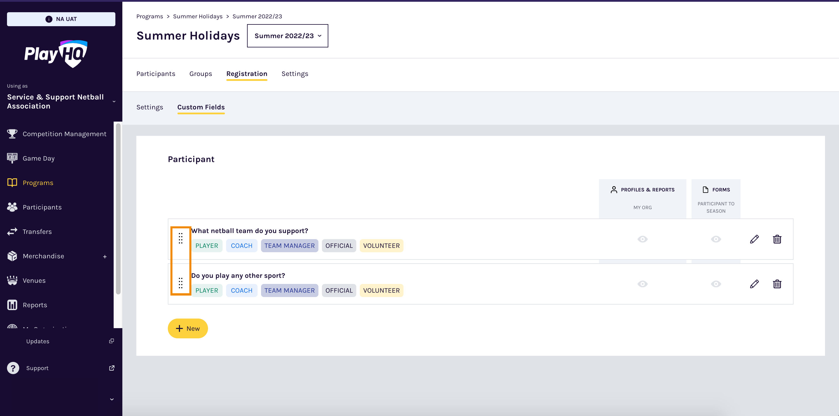 Configure Program Custom Fields – support.netball.com.au