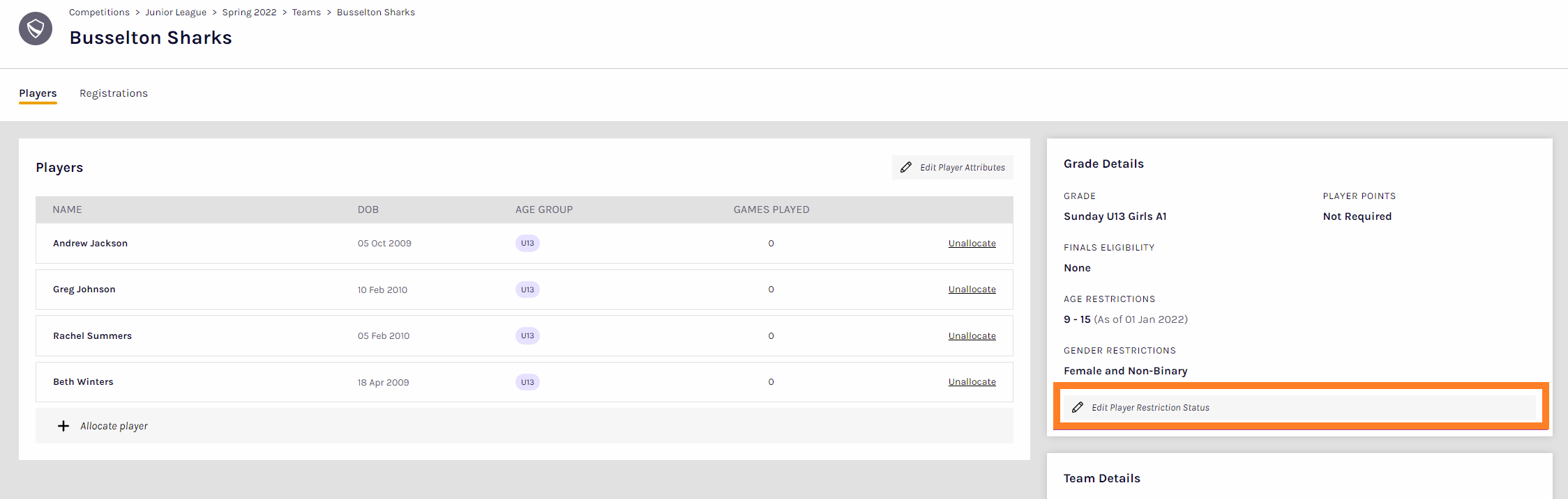 Age and Gender Restrictions – support.netball.com.au