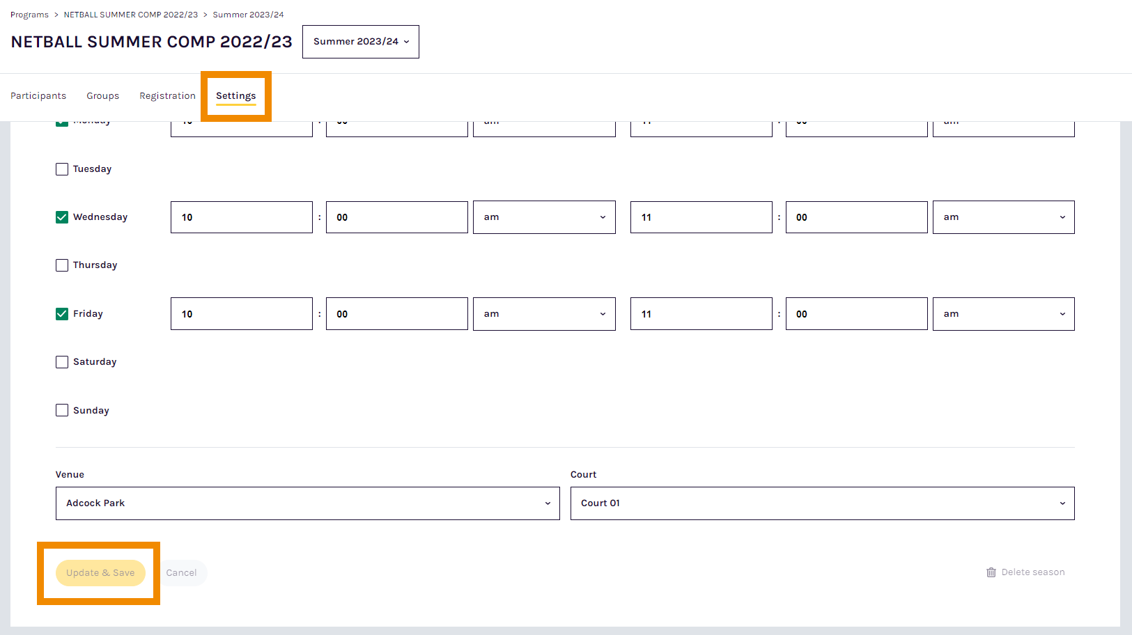Create and Manage a Program Season – Netball Australia Support