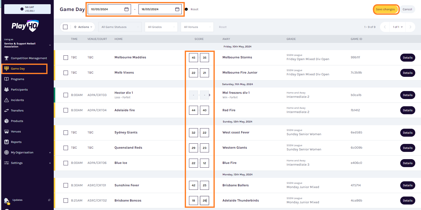 Enter Game Scores in Game Day – Netball Australia Support