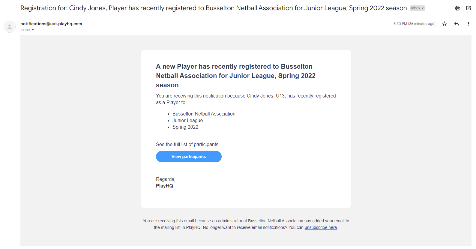 Registration Email Notification Settings – support.netball.com.au