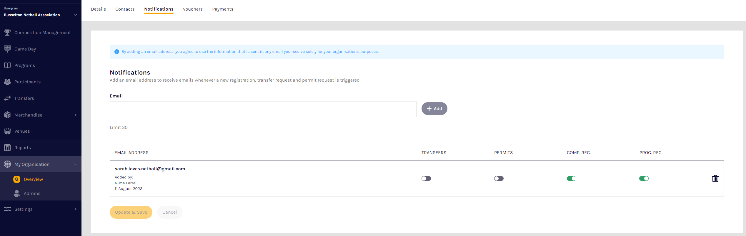 Registration Email Notification Settings – support.netball.com.au